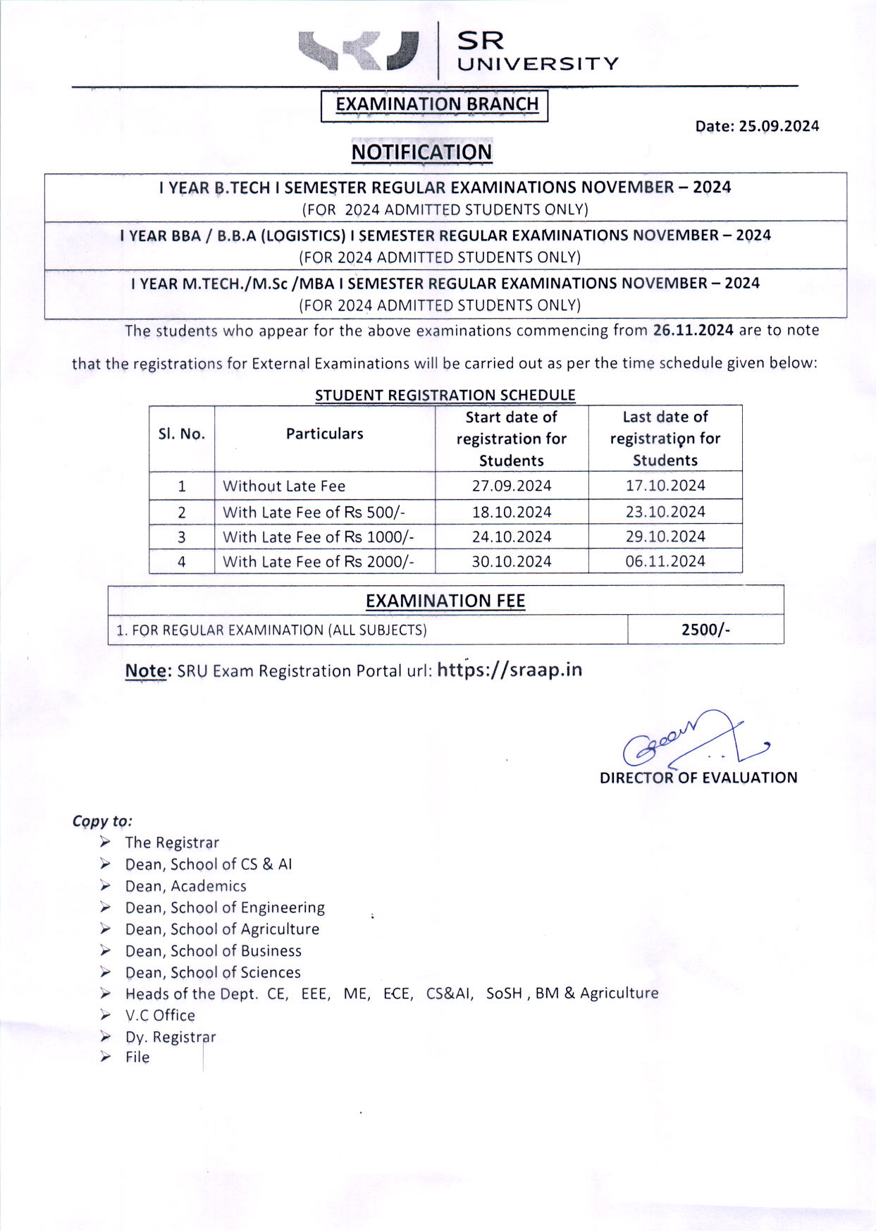 Exam Branch Notifications | SR University